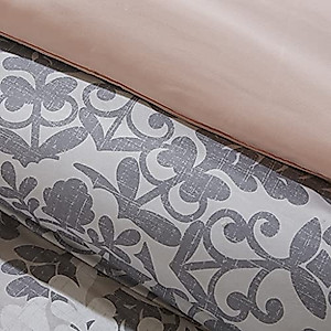 Home Essence Springfield Cozy Pink and Grey Comforter Set Floral Medallion Print - All Season Down Alternative Bedding Layer with Matching Bedskirt, Shams, Decorative Pillow, Queen, Coral 7 Piece