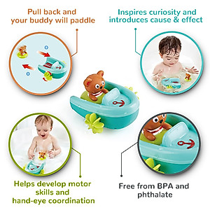 Hape Tubing Pull-Back Boat Bath Toy| Teddy Bear Floating Paddle Boat Bath Toy| Bathtub Shower Toy for Toddlers