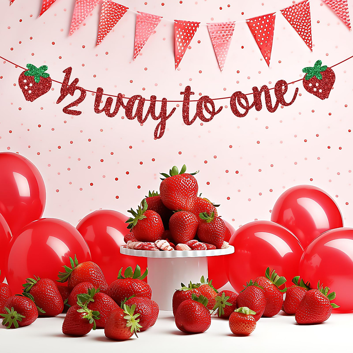 Strawberry 1/2 Way to One Banner, 6 Months Birthday Decorations, Berry Sweet Half Birthday, Strawberry Baby Shower Half Birthday Party Decorations, Red Glitter