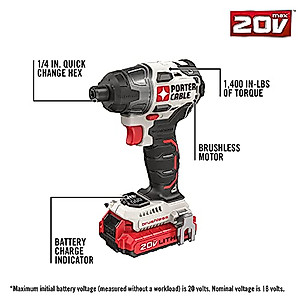 PORTER-CABLE 20V MAX Impact Driver Kit, 1/4 Inch, 2,700 RPM, Battery and Charger Included (PCCK647LB)