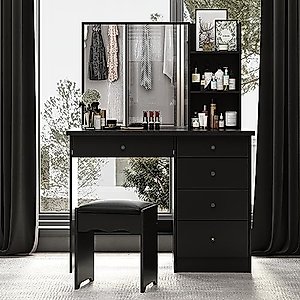 FUFU&GAGA Large Vanity Table Set Makeup Vanity Dressing Table with Mirror, 5 Drawers & Shelves, Dresser Desk and Cushioned Stool Set Black