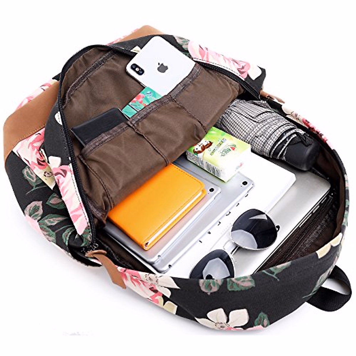 abshoo Floral Backpacks For Girls Canvas School Bookbags Teen Girls Backpacks With Lunch Bag (Floral Black)