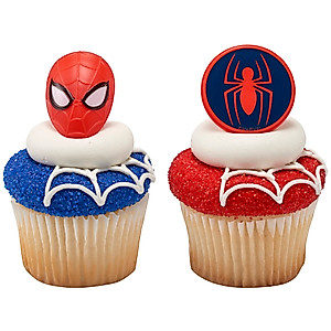 DecoPac Marvel's Spider-Man™ Spider and Mask Rings, Spider-Man Cupcake Decorations, Red and Blue Food Safe Cake Toppers – 24 Pack