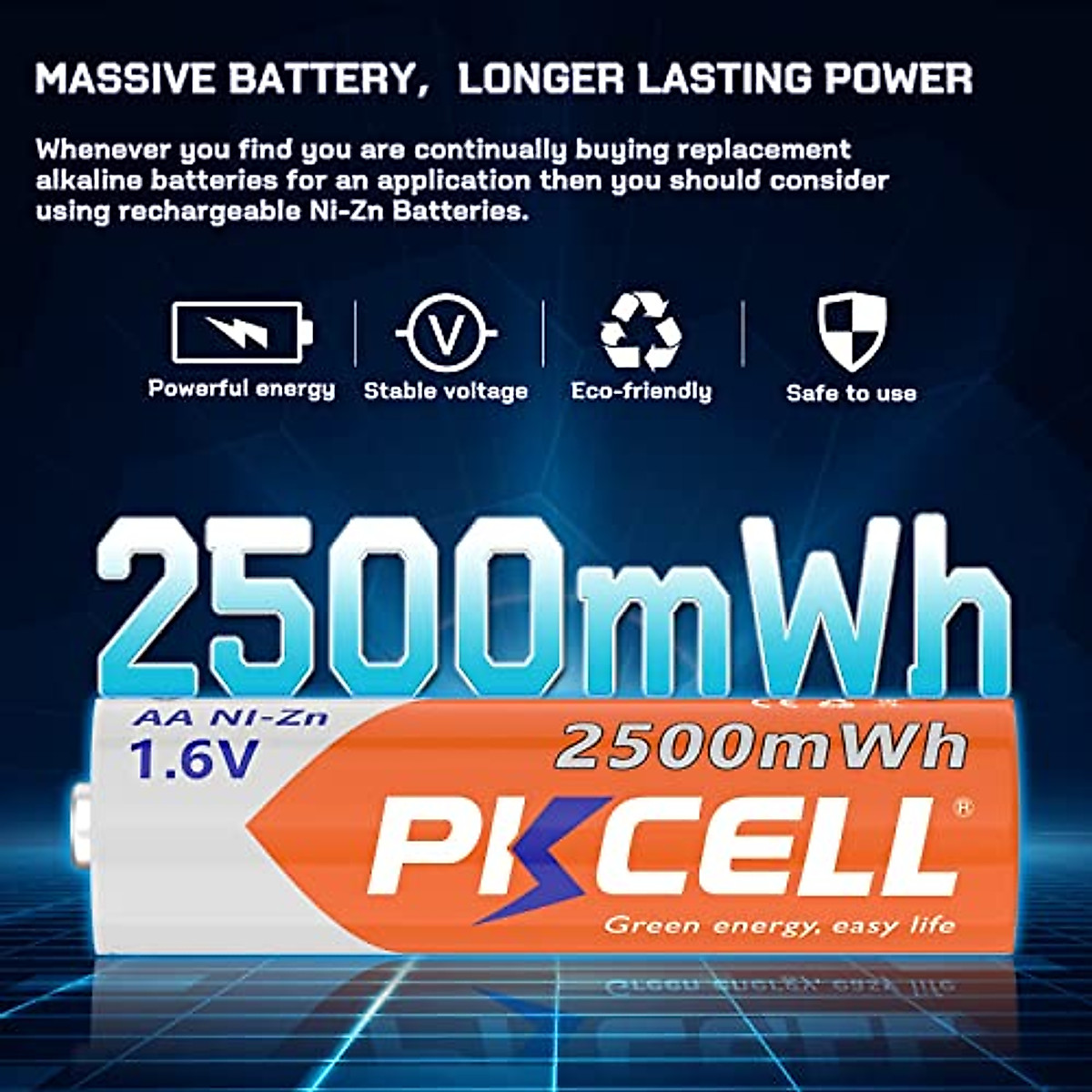 PKCELL Rechargeable AA Batteries NiZn Double A 1.6V 2500mWh Battery- 4Count for Thermometer Cameras Power