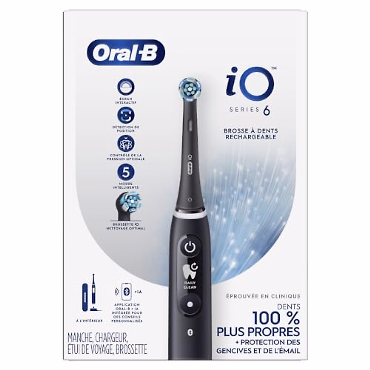 Oral-B iO Series 6 Rechargeable Electric Toothbrush with Visible Pressure Sensor to Protect Gums, 2 Minute Timer, 5 Cleaning Settings, 1 Replacement Toothbrush Head, and Travel Case, Black