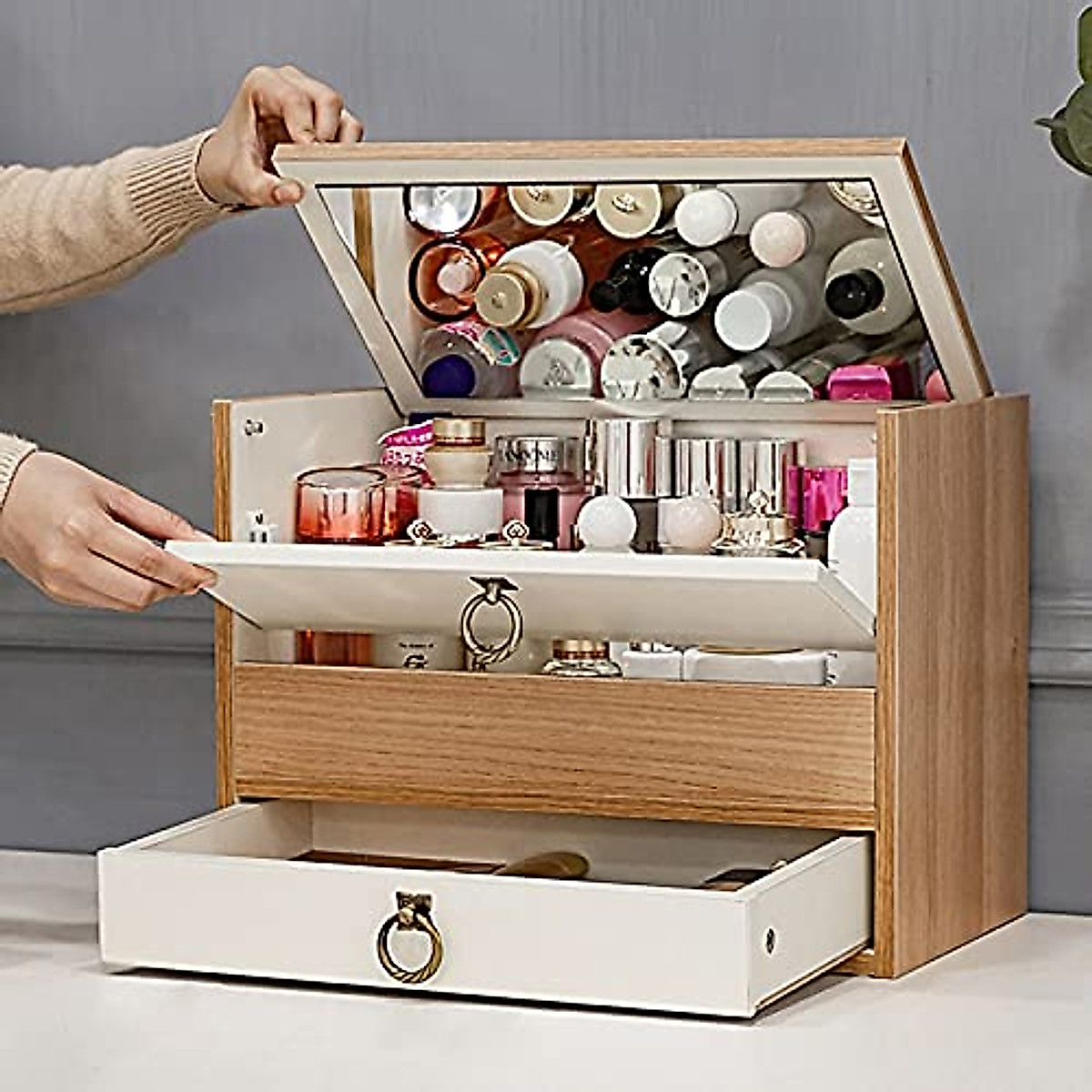 Makeup Organizer Wooden Cosmetic Storage ​​Cases Display Rack with Drawer Makeup Organizer Case for Brushes Lipsticks Skincare Toner Cosmetic Storage Box