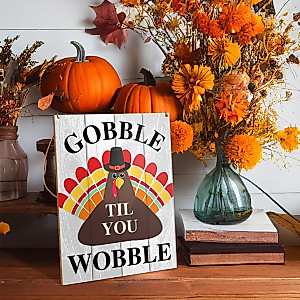 Thanksgiving Wall Art Decor, Thankful Decorations Fall Hanging Sign for Home Front Door Porch Turkey Farmhouse Autumn Thanksgiving Rustic Decor Wooden Plaque, Gobble Til You Wobble