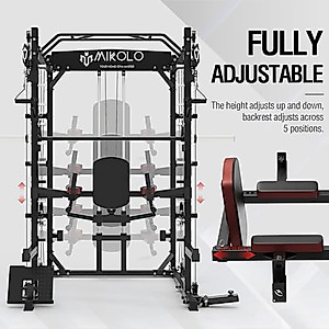 Mikolo Smith Machine with Weight Bench, Multifunction Power Cage and Cable Crossover Machine, Workout Machine with Storage System, Band Pegs, Smith Bar and Other Attachments for Home Gym（Black&Black）