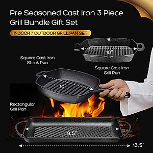Bruntmor Pre Seasoned Cast Iron 3 Piece Grill Bundle Gift Set, Rectangular grill Pan, Grill Skillet, Square Grill Pan, Camping Cookware Set