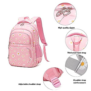ZHIERNA School Backpack 3PCs Daisy Prints Set With Lunch Bag, Bookbags with Pen Case For Teen Girls Kindergarten Elementary（Pink）