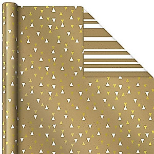 Hallmark All Occasion Reversible Wrapping Paper - Gold & Kraft Stripes, Triangles, Chevron, Polka Dots (3 Rolls: 75 sq. ft. ttl) for Birthdays, Christmas, Hanukkah, Crafts
