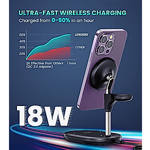 LOKIISKI 3 in 1 Wireless Charging Station for Multiple Devices Apple, 18W QC3.0 Fast Magnetic MagSafe Charger Stand, Gifts for iPhone 14 13 12 Pro Max/Plus/Pro/Mini, iWatch Ultra/8/7/6/5/4/3/2 AirPods