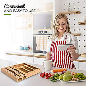 Declutter - Bamboo Ziploc Bag Organizer with Dual Dispensers and Cutters - Kitchen and Home Organization Tool for Gallon, Quart, Sandwich, Snack Bags - Fits in Kitchen Cabinets and Drawers