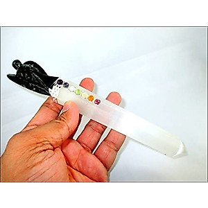Jet Selenite Chakra Wand with Black Tourmaline Angel Stick Approx. 5-5.5 inch Energized Charged Cleansed Programmed Pure Genuine Stick Free Booklet Jet International Image is JUST A Reference