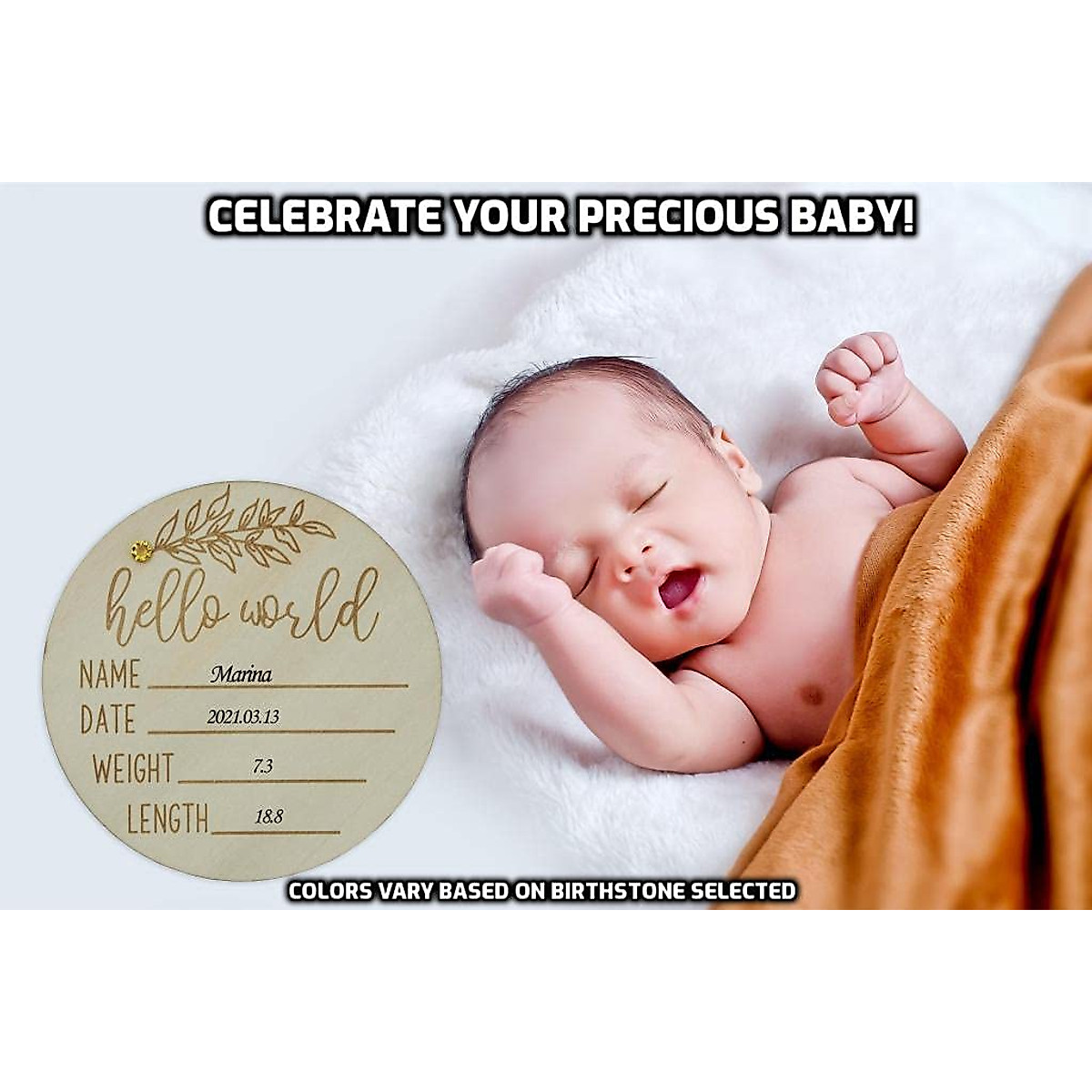 Baby Luv Hello World Announcement Sign with Custom Birthstone and Bonus Free Pen by BABY. Compact 4 Inch Birth Sign. Wooden Disc Announcements 1 Count. Newborn Sign-May, Green