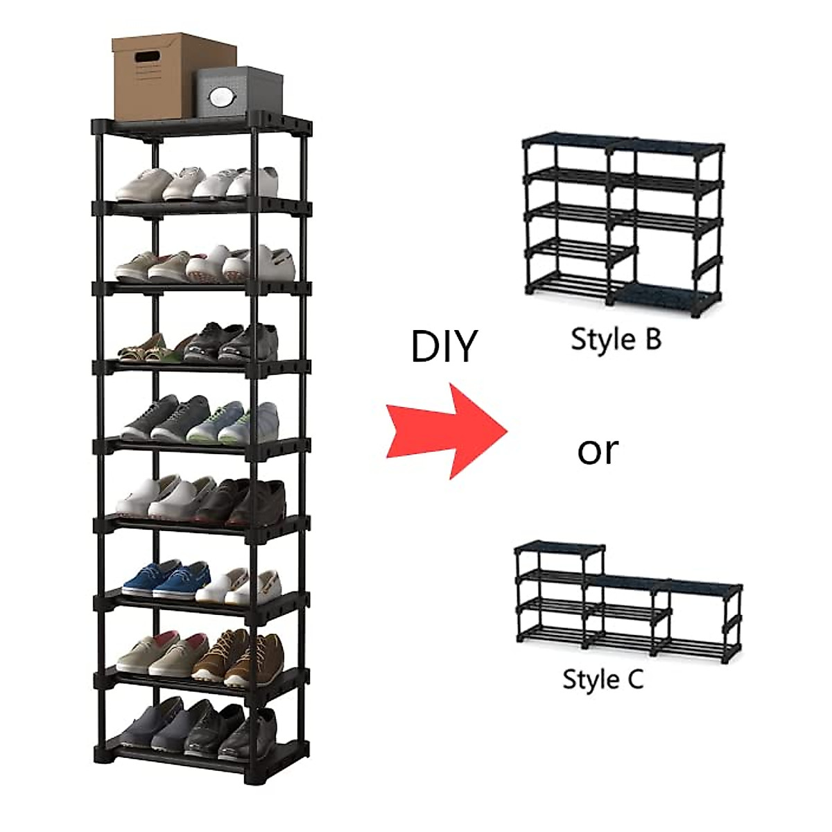 VIZUN 9 Tier Shoe Rack for Entryway, 4 Thickened Steel Pipes per Layer, Vertical Shoe Organizer Storage Free Standing, Sturdy Multi Function Metal Shoe Shelf Black