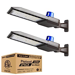 2Pack 320W LED Parking Lot Lights 44800lm (Eqv.1200W MH/HPS) 5000K Daylight Led Parking Lot Lighting with Photocell,Arm Mount, IP65 Outdoor Area Light Energy Saving Upto 2400KW*2/Y(5Hrs/Day)