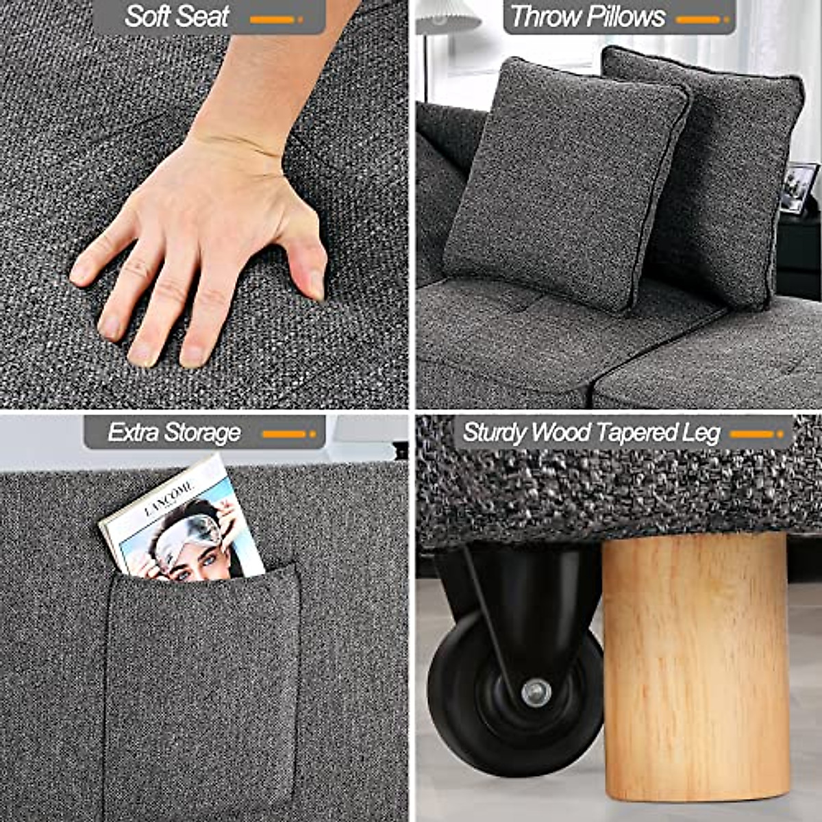 SEJOV Sofa Bed 4-in-1 Convertible Sofas & Couches, 3-Seat Linen Fabric loveseat Sofa with 2 Throw Pillow, Single Recliner for Small Space with 5 Adjustable Backrest, Dark Grey