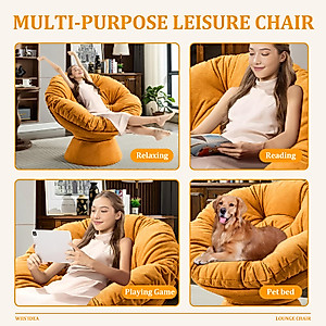 Papasan Chair,Papasan Chair with Cushion and Frame,Comfy Chenille Upholstered Round Reading Chair,Oversized 360° Swivel Accent Chair with Metal Base Lazy Chair for Bedroom,Living Room,Orange