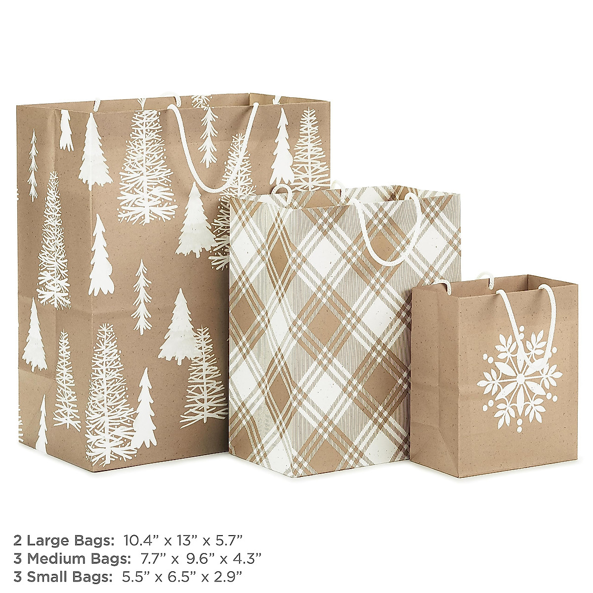 Hallmark Assorted Christmas Gift Bags, Recyclable Kraft Brown with Snowflake, Plaid and Trees (8 Bags: 3 Small 6", 3 Medium 9", 2 Large 13") for Holiday Parties, Hanukkah, Winter Weddings