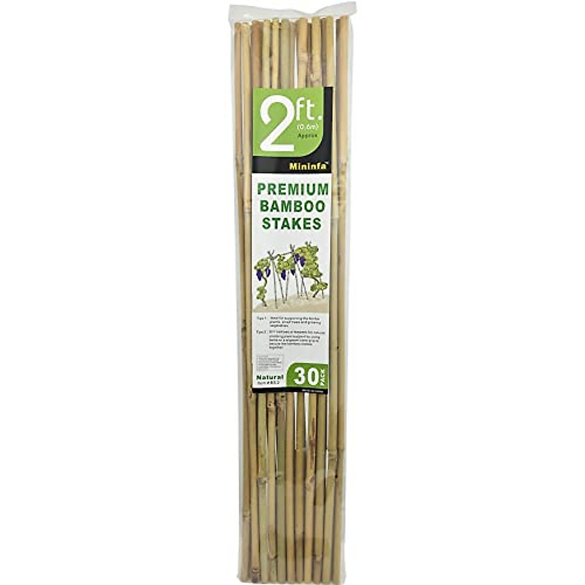 Mininfa Natural Bamboo Stakes 2 Feet, Eco-Friendly Garden Stakes, Plant Stakes Supports Climbing for Tomatoes, Trees, Beans, 30 Pack