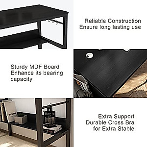 AWQM Modern Home Office Desk, Computer Desk with Side Bag, Storage Shelves and Iron Hook, Work Table, Study Writing Table, Gaming Desk, Workstation for Small Spaces, Black