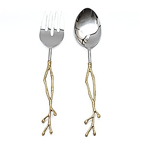 Twig Salad Servers Brass & Stainless Steel, Fork & Spoon Set Leaf Design, Two Tone Ideal for Weddings, Dinner Parties, Elegant Flatware, Housewarming Gifts, Stainless Steel Mirror Polished (Gold Twig)