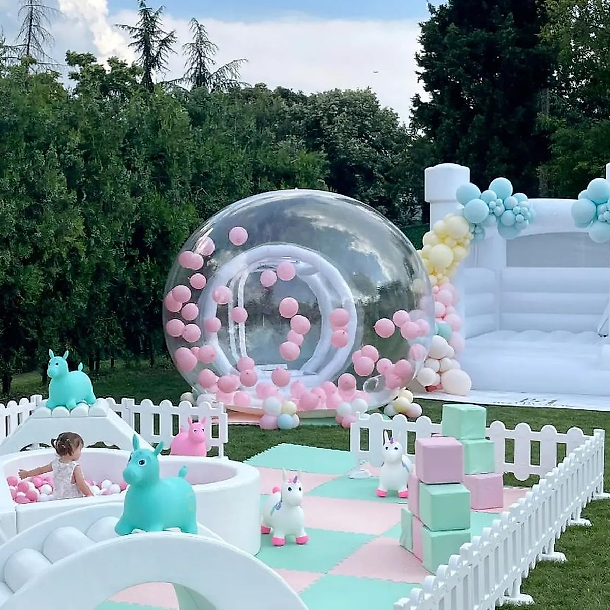 Inflatable Bubble House, 8.2ft Kids Party Balloon Clear Inflatable Bubble Tent Dome with Blower & Pump, 100% PVC Bubble House & 6ft Tunnel for Commercial Use Backyard Festival Birthday Party