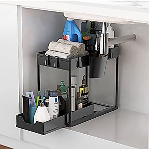 Bugdaben Under Sink Organizers and Storage - 2 Tier Sliding Under Sink Organizer with Dividers, 4 Hooks and 1 Hanging Cup, Multi-purpose Under Cabinet Organizer for Bathroom & Kitchen