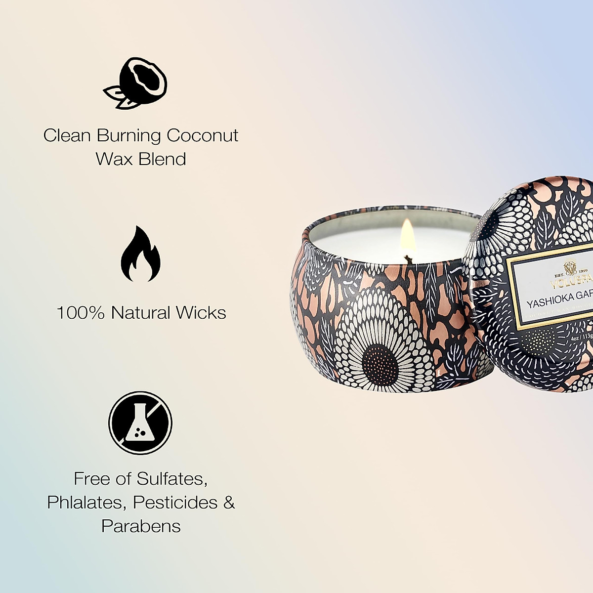 Voluspa Yashioka Gardenia, Mini Tin Candle, 4 oz, 25 Hour Burn Time, All Natural Wicks and Coconut Wax for Clean Burning, Vegan, Poured in the USA