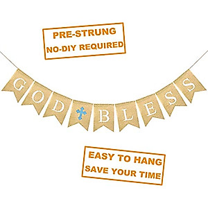 FAKTEEN God Bless Burlap Banner Baptism First Communion Decorations for Boys Confirmation Centerpiece Decor Baby Shower and Birthday Party Supplies