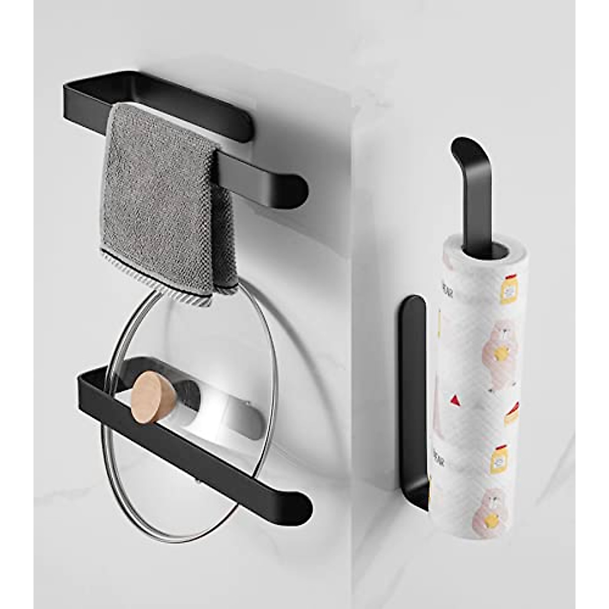 CHAUNCEY HOME Adhesive Paper Towel Holder Under Cabinet Countertop, 1 Pack, Matte Black, Self-Adhesive Hanging Paper Towels Rolls Holder for Bathroom Kitchen Essentials
