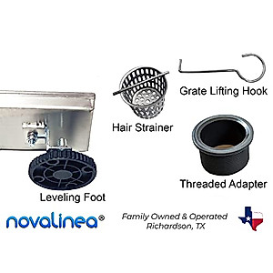 Novalinea - 54 Inch Linear Shower Drain with Tile Insert Grate, Includes Hair Strainer and Leveling Feet, 2 Inch Center Outlet, 304 Stainless Steel