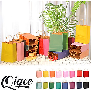 qiqee 60 pcs Kraft Bags with Handles 7.6"x4.75"x10.5" Medium Gift Paper Bags 16 Different Solid Color Bags