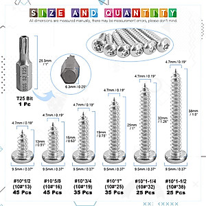 Glarks 211Pcs #10 x 1/2'' / 5/8'' / 3/4'' / 1" / 1-1/4'' / 1-1/2'' Button Head Torx Security Stainless Steel Screws, 6 Size Tamper Resistant Screws Assortment Set with T25 Bit