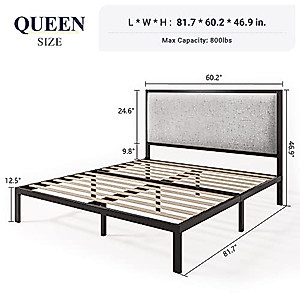 Allewie Queen Size Platform Bed Frame with Upholstered Headboard, Metal Structure, Wood Slat Support, Mattress Foundation - No Box Spring Needed - Grey