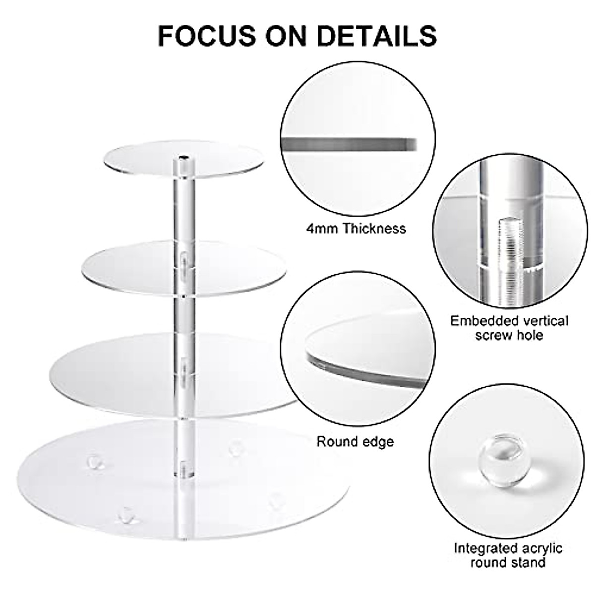 Cupcake Stand, 4-Tier Round Acrylic Cupcake Display Stand Dessert Tower Pastry Stand for Wedding Birthday Theme Party- 15.3 Inches (Transparent)