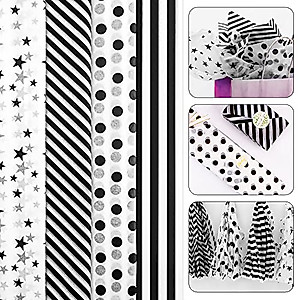 120 Sheets Black and White Tissue Paper Bulk,Black and White Tissue Paper for Gift Bags,White Tissue Paper with Black Star Stripes Polka Dots Pattern,14 x 20 Inch