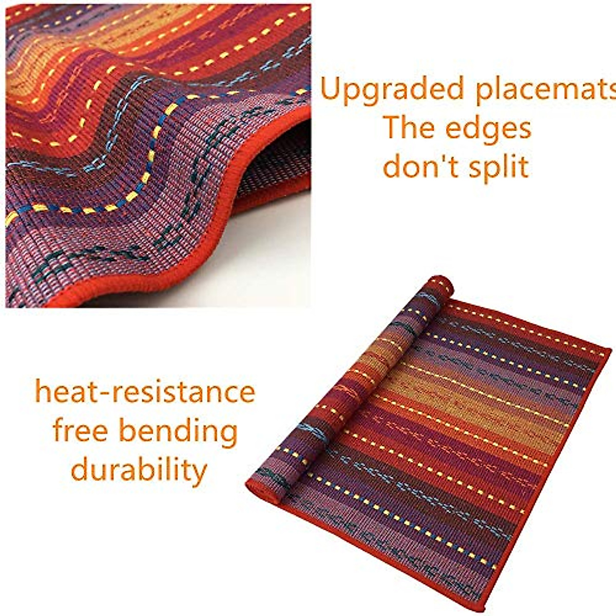Red-A Hand Woven with 100% Cotton Placemats Colorful Placemats Braided Ribbed Durable Heat-Insulation Table Mats Set of 6,Rainbow
