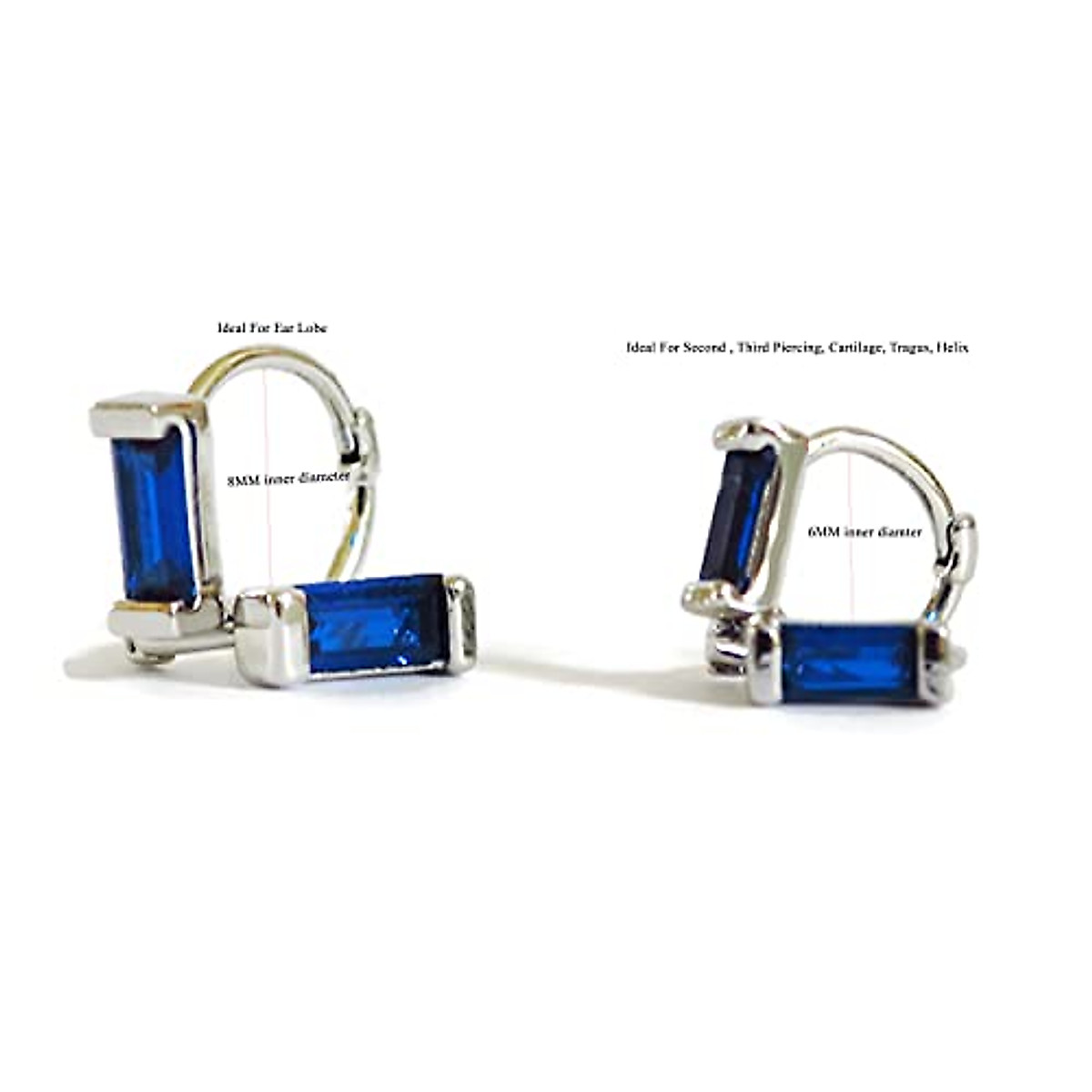 Sterling Silver Blue Sapphire TINY HUGGIE 8mm Layering Earrings Baguette Cubic Zirconia Gemstone Hypoallegic Nickel Free Lead Free Made In U.S.A (Rhodium Sterling Silver A Pair)