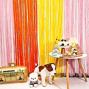 Juexica 3 Pack Groovy Foil Fringe Curtain Groovy Photo Booth Foil Curtain Backdrop Boho Party Decorations Groovy Party Decorations (3.2 x 6.6 ft),Orange, Yellow, Pink