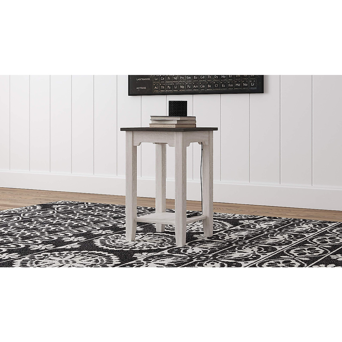 Signature Design by Ashley Dorrinson Square Chair Side End Table with Lower Fixed Shelf and USB Charging Port, Antique White & Brown