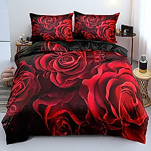 Holiyjog 3D Print Big Red Flower Duvet Cover Set King Size Black Color Background Comforter Covers and 2 Pillow Shams Girls Bedroom Decorations with Zipper Closure