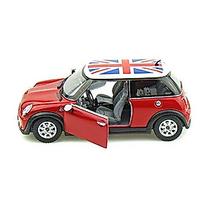 KiNSMART Mini Cooper S 5" 1:28 Scale Die Cast Metal Model Toy Car British Flag Red w/Pullback Action