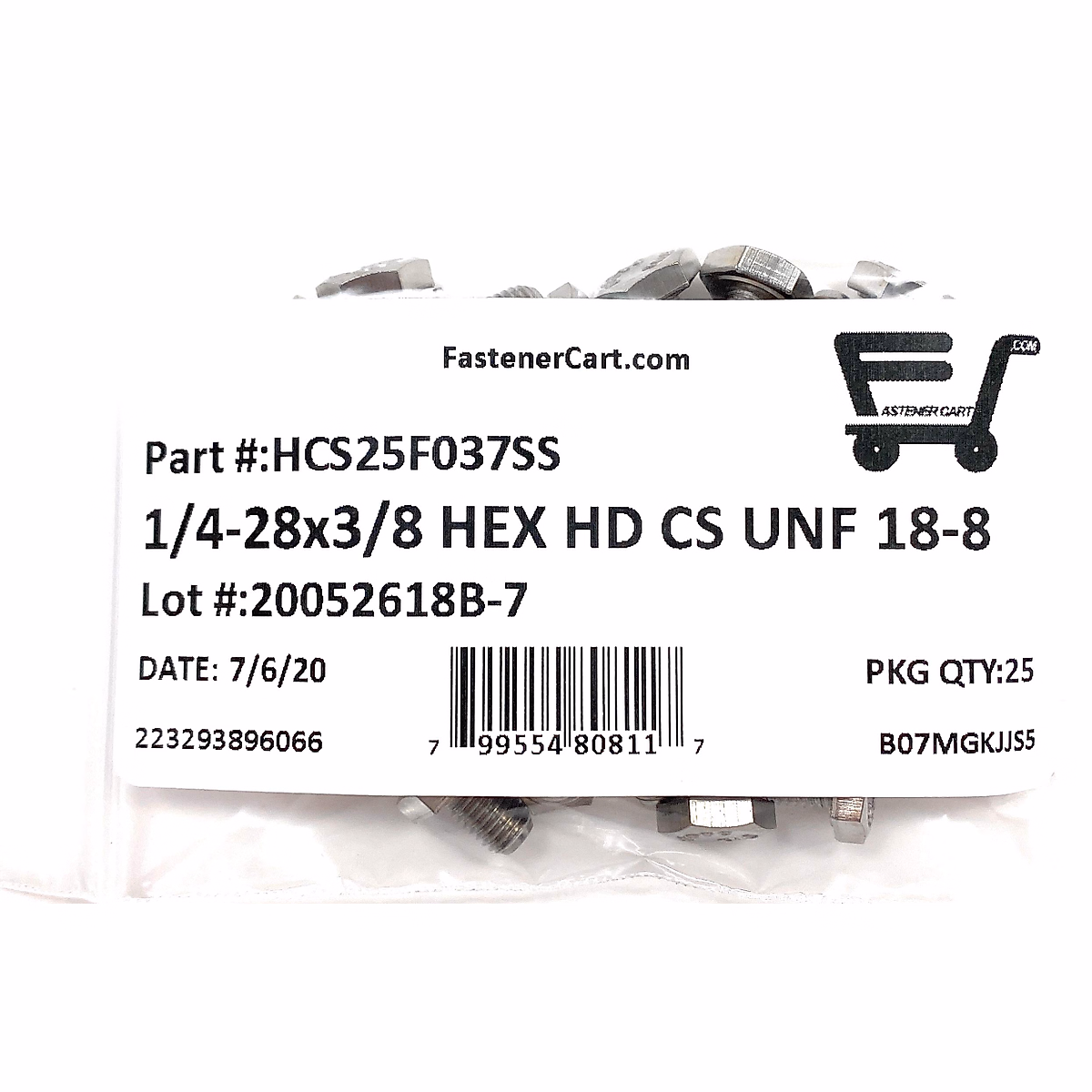 1/4-28x3/8 Stainless Steel Hex Cap Screws FT Hex Bolts 18-8 (UNF) FINE Thread - (25 pcs)