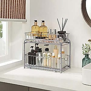SONGMICS Pull Out Cabinet Organizer, 2-Tier Sliding Cabinet Organizer, Stackable Under Sink Cabinet Organizer with Storage Basket Drawers, for Kitchen, Bathroom, Silver UKCS017E01