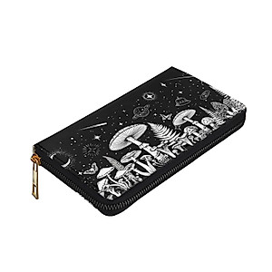 YISHOW Black White Mushroom Wallet Slim Thin Leather Purse Wallet With Zip Around Clutch Casual Handbag For Phone Key Credit Cards