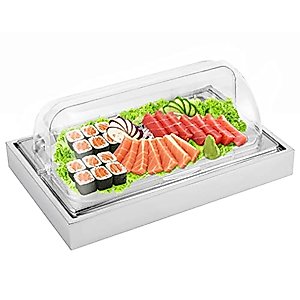 YMJOINMX Ice Food Serving Display Tray with Clear Roll Top Cover Buffet Cold Serving Cooler Platter w/ 2 Ice Packs Cooling Food Dishes Display Plate Case with Lid for Seafood Fruit Party Buffet Tray