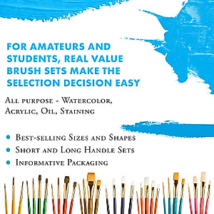 Princeton Real Value, Series 9100, Paint Brush Sets for Acrylic, Oil & Watercolor Painting, Syn-Gold Taklon (Rnd 1, 6, 12 Liner 2, ANG Shader 1/2, Wash 3/4)