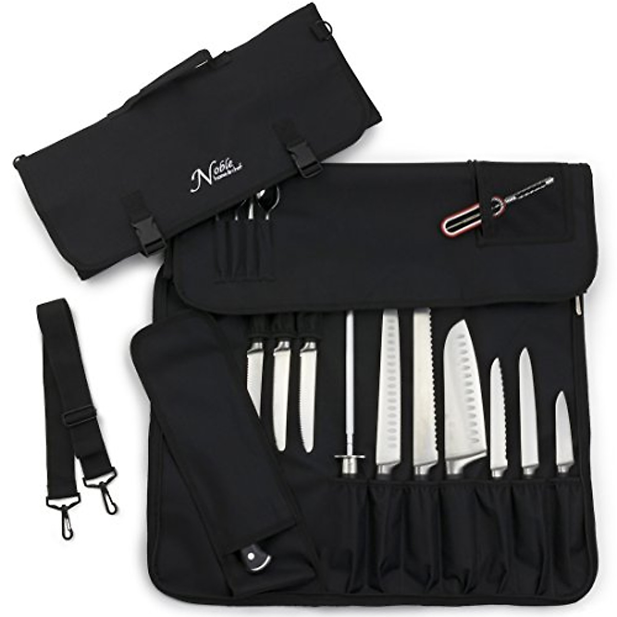 Chef’s Knife Roll Bag (14 slots) Holds 10 Knives PLUS Meat Cleaver, Utility Pocket, AND 4 Tasting Spoons! Our Durable Knife Carrier Includes Shoulder Strap and Name Card Holder. (Knives Not Included)
